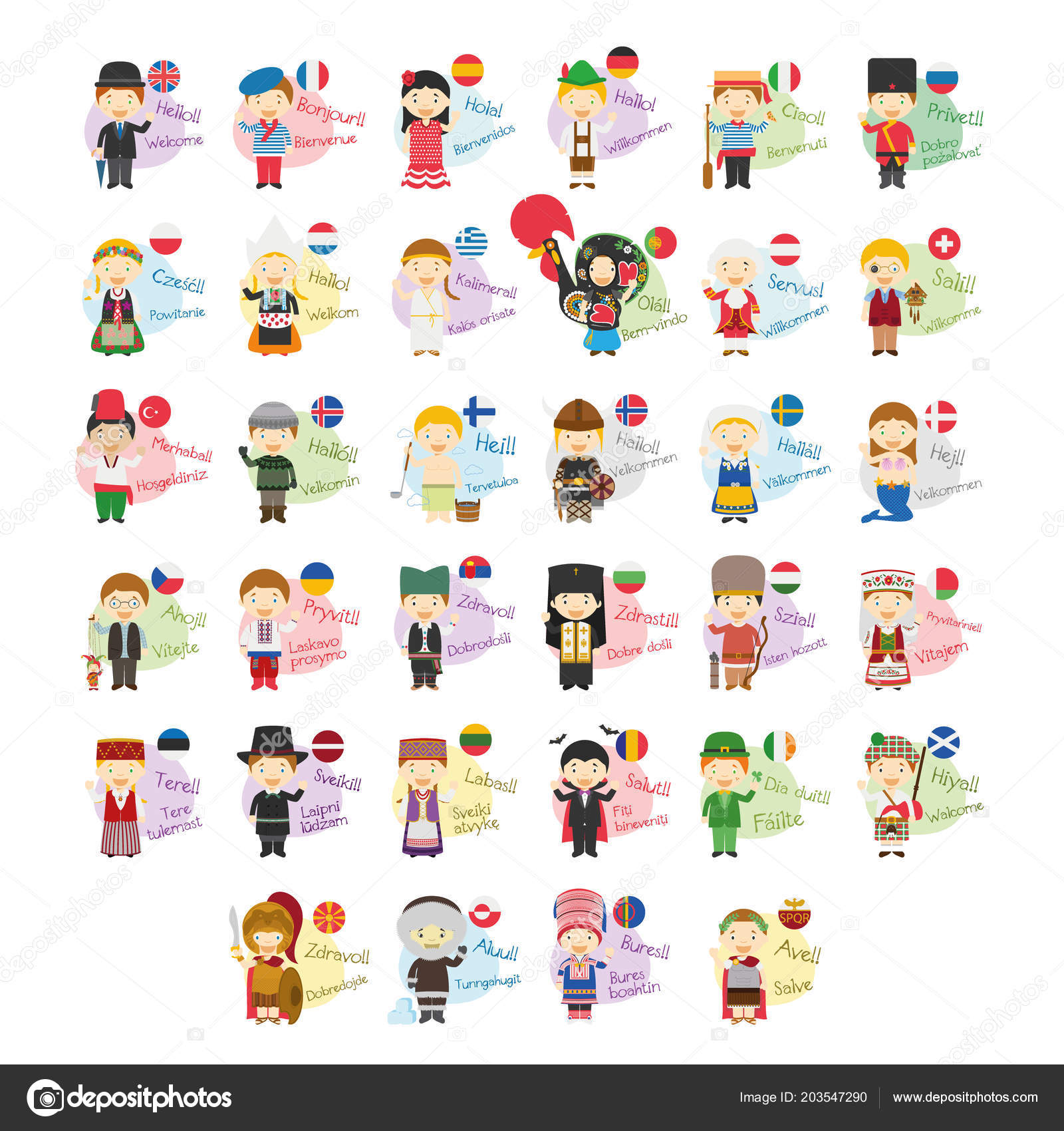 Vector Illustration Set Cartoon Characters Saying Hello Welcom ...