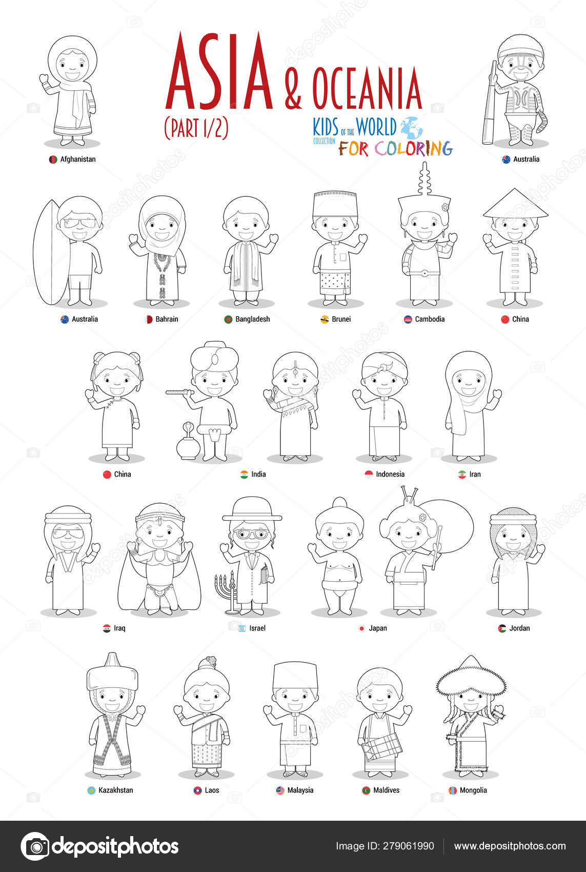 Kids Nationalities World Vector Asia Oceania Set Set Characters ...