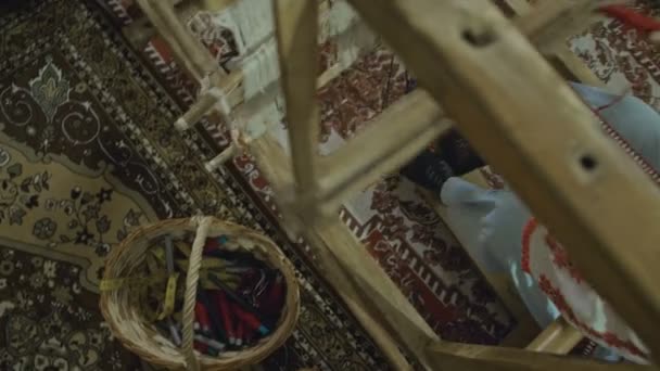 Overhead Pan Shot Weaver Who Weaving Traditional Belt Obsolete Wooden ...