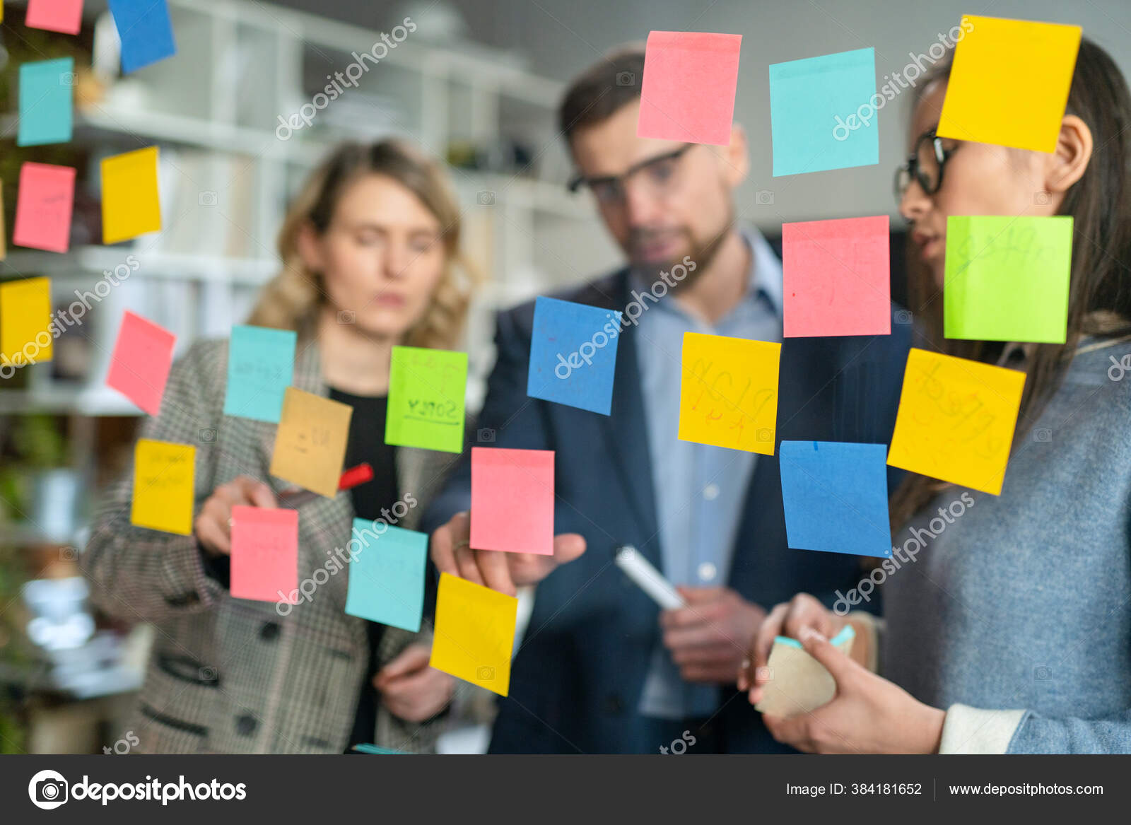 Creative Business Team Brainstorming Ideas Working Together Near Glass ...