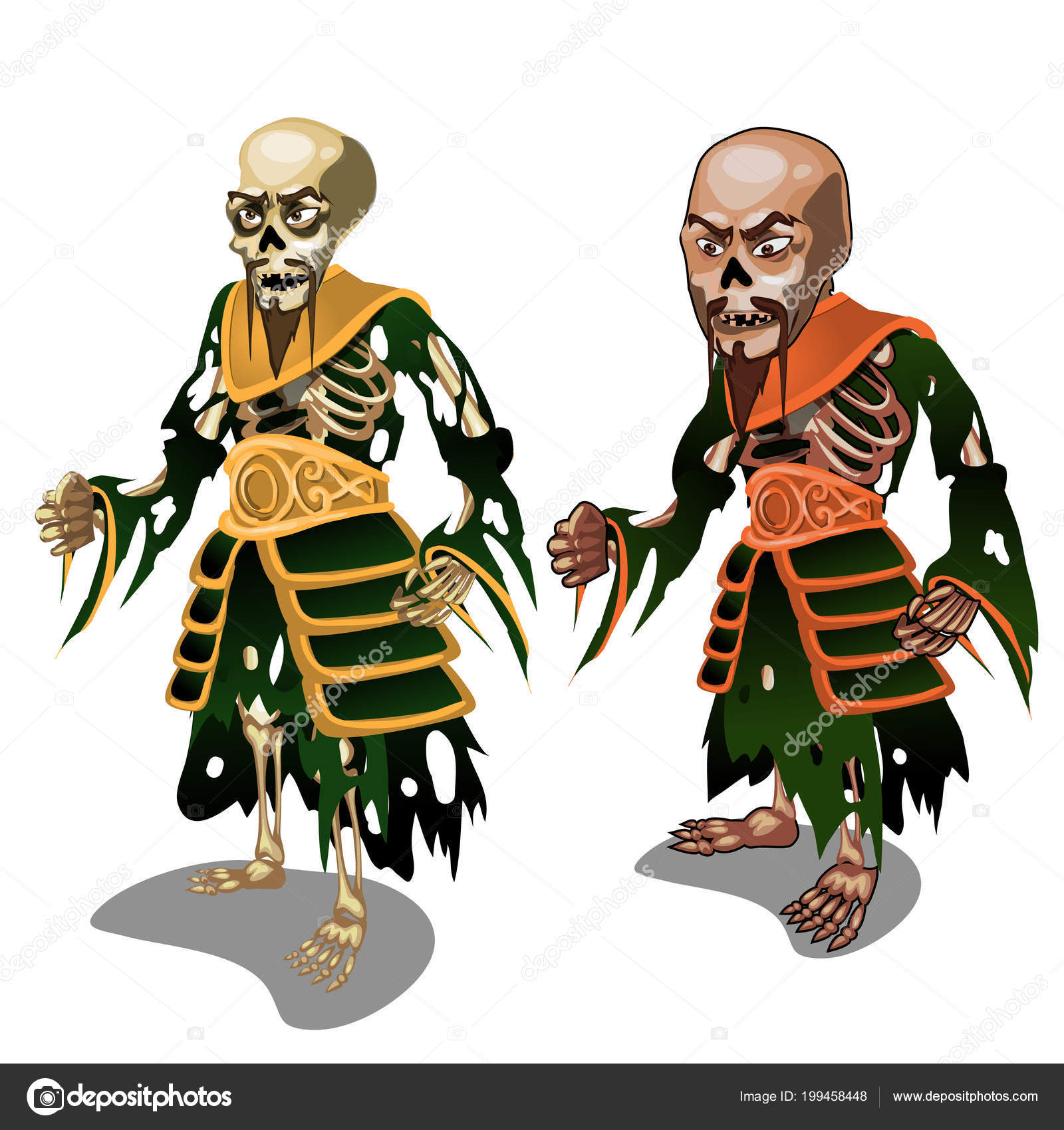 Set of zombie samurai isolated on white background. Vector cartoon ...