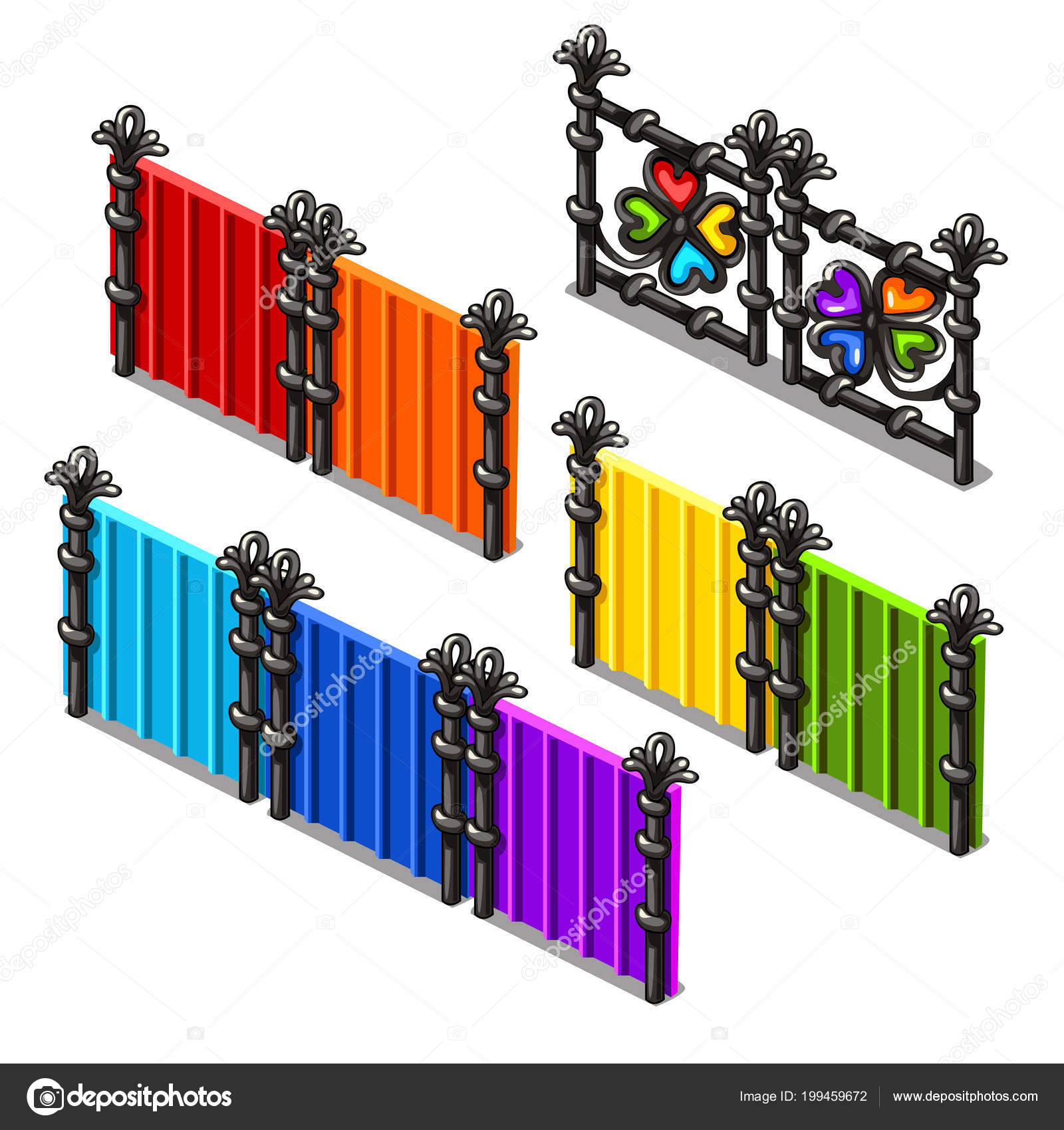 A set of fragments of colored fences isolated on white background ...