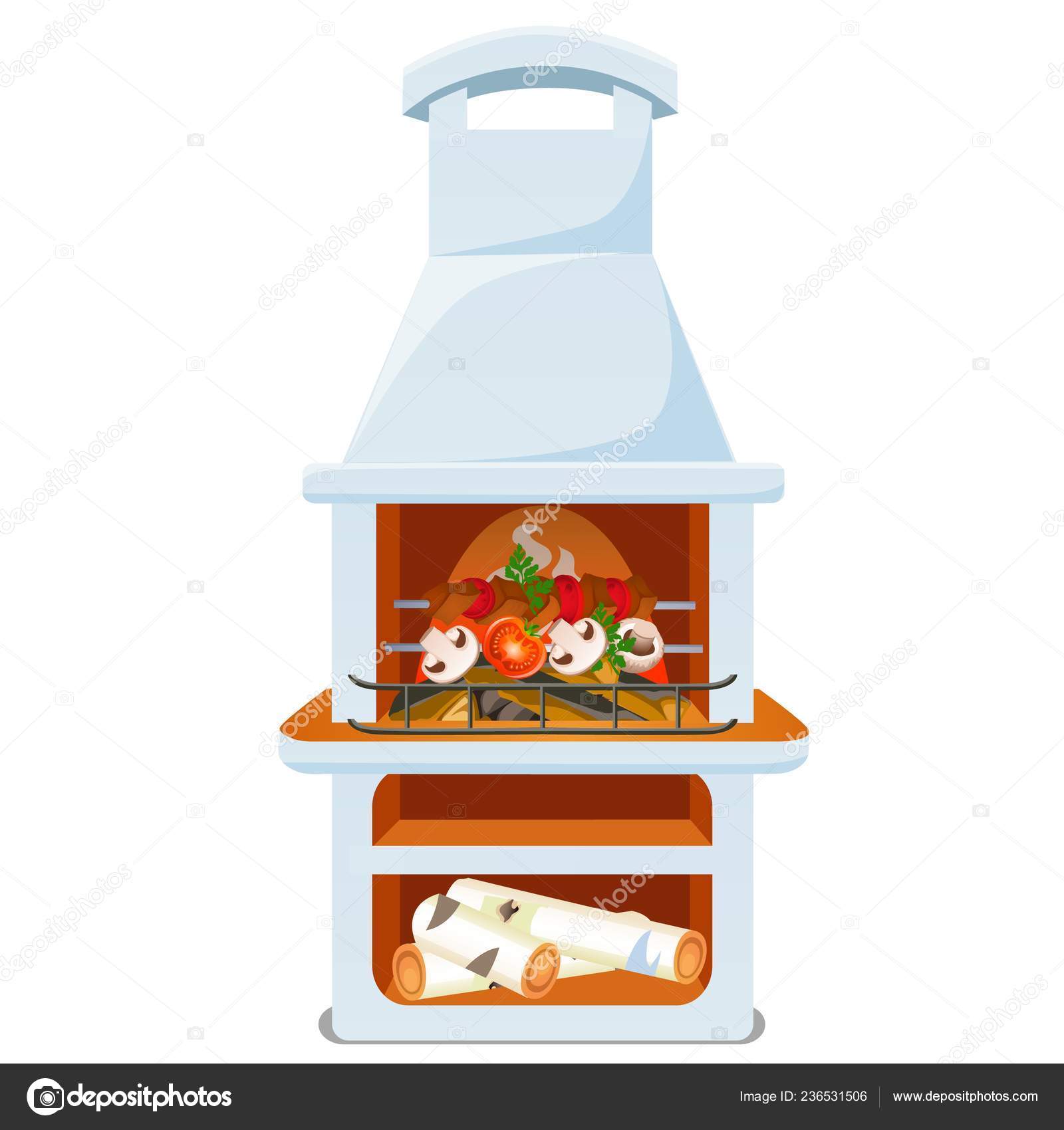 Stove for cooking meat and vegetables on fire isolated on white ...