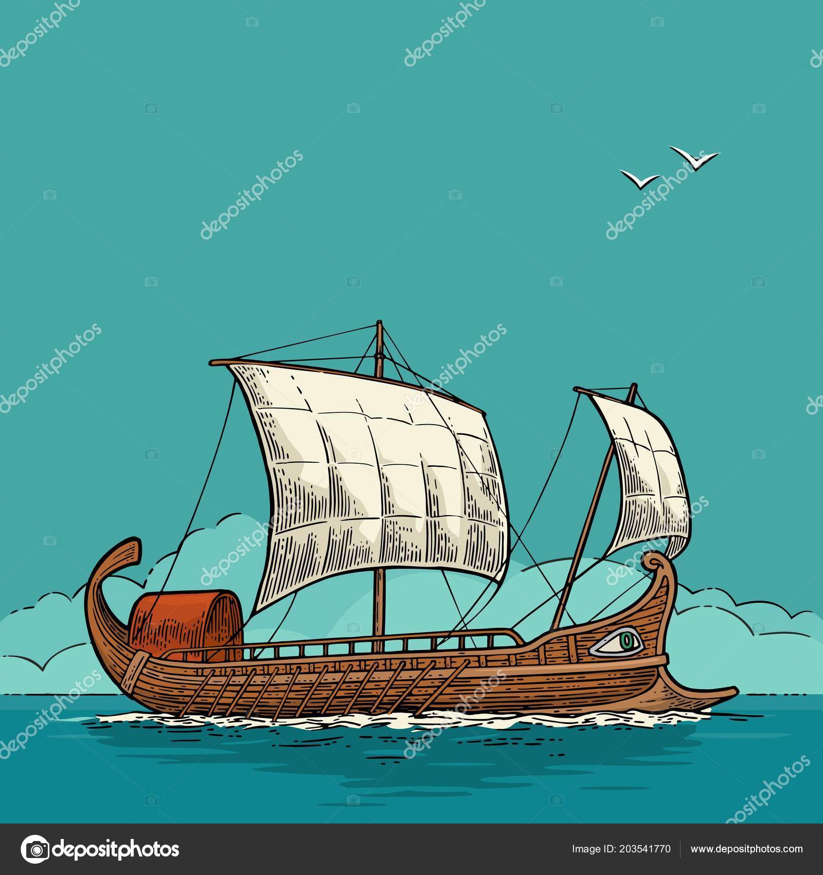 Trireme Floating Sea Waves Hand Drawn Design Element Sailing Ship Stock ...