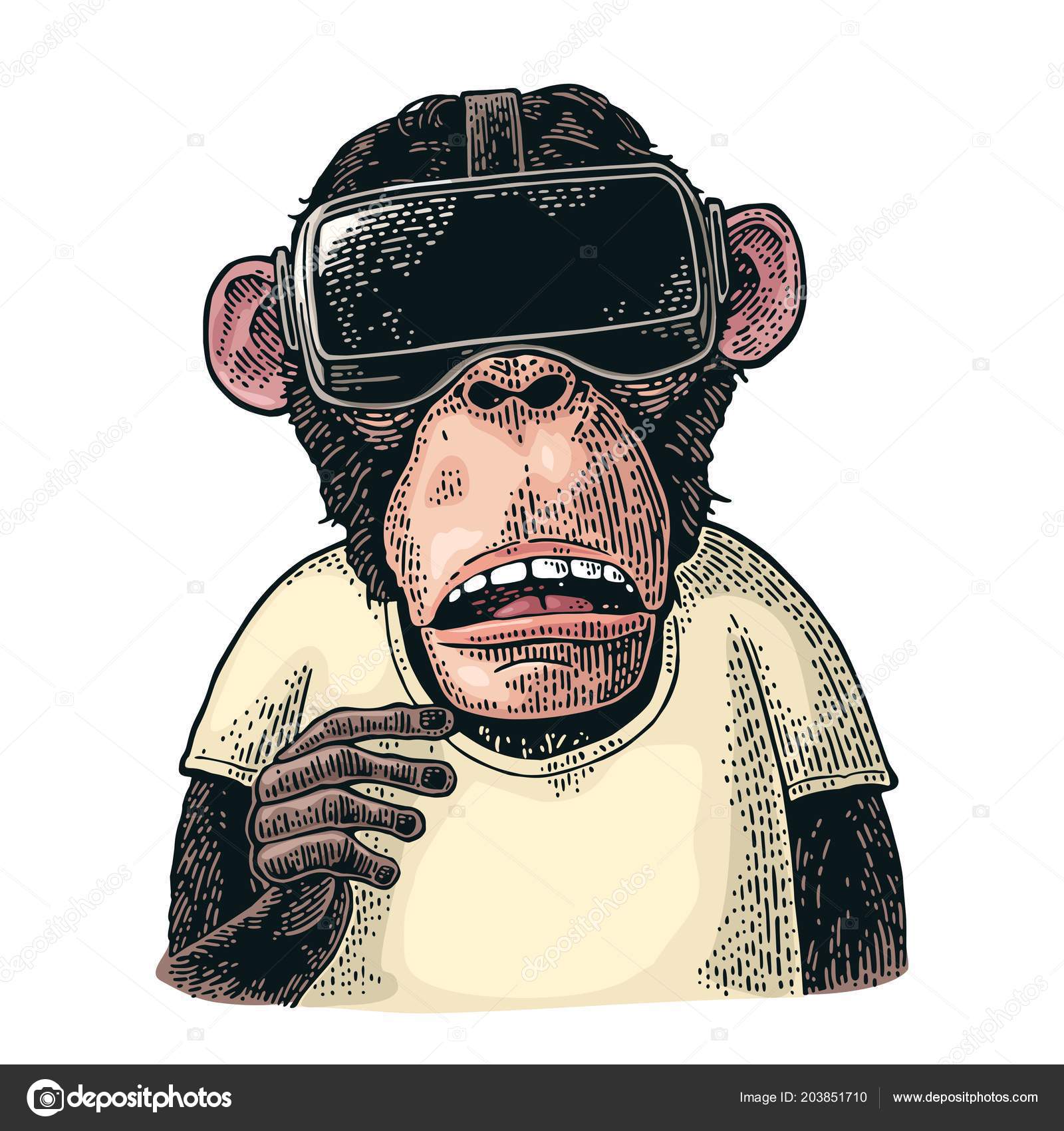 Monkey Wearing Virtual Reality Headset Shirt Vintage Color Engraving ...