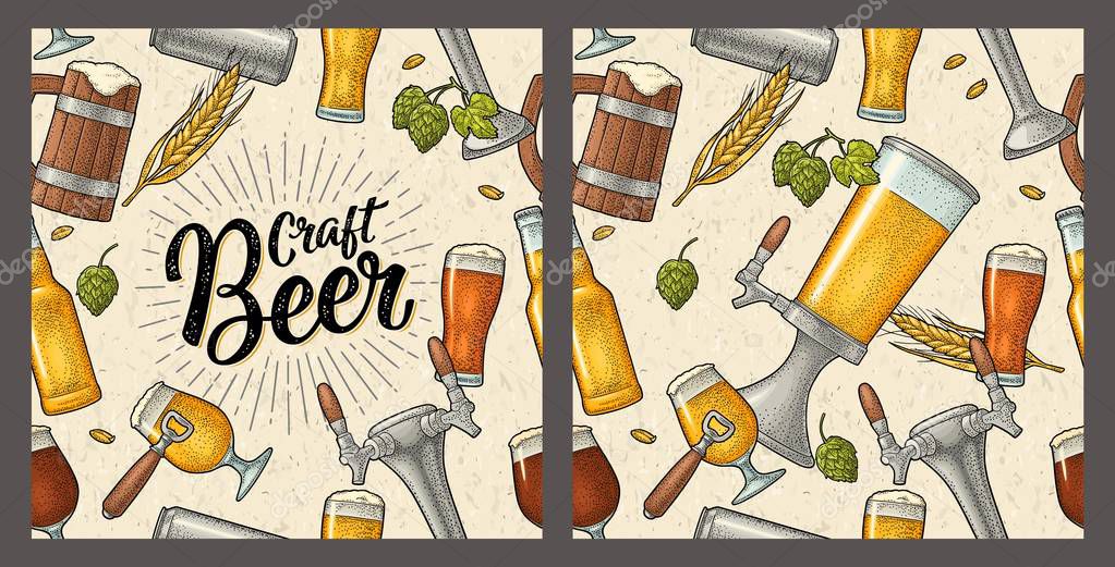 Grifo de patr n sin costura, vidrio, lata, trigo, abridor, botella y salto. Craft Beer caligraf ...