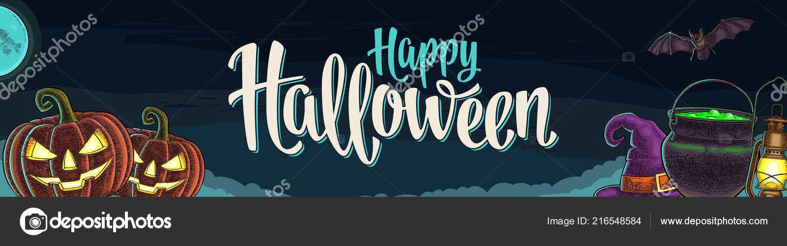 Horizontal poster with Happy Halloween calligraphy lettering and ...