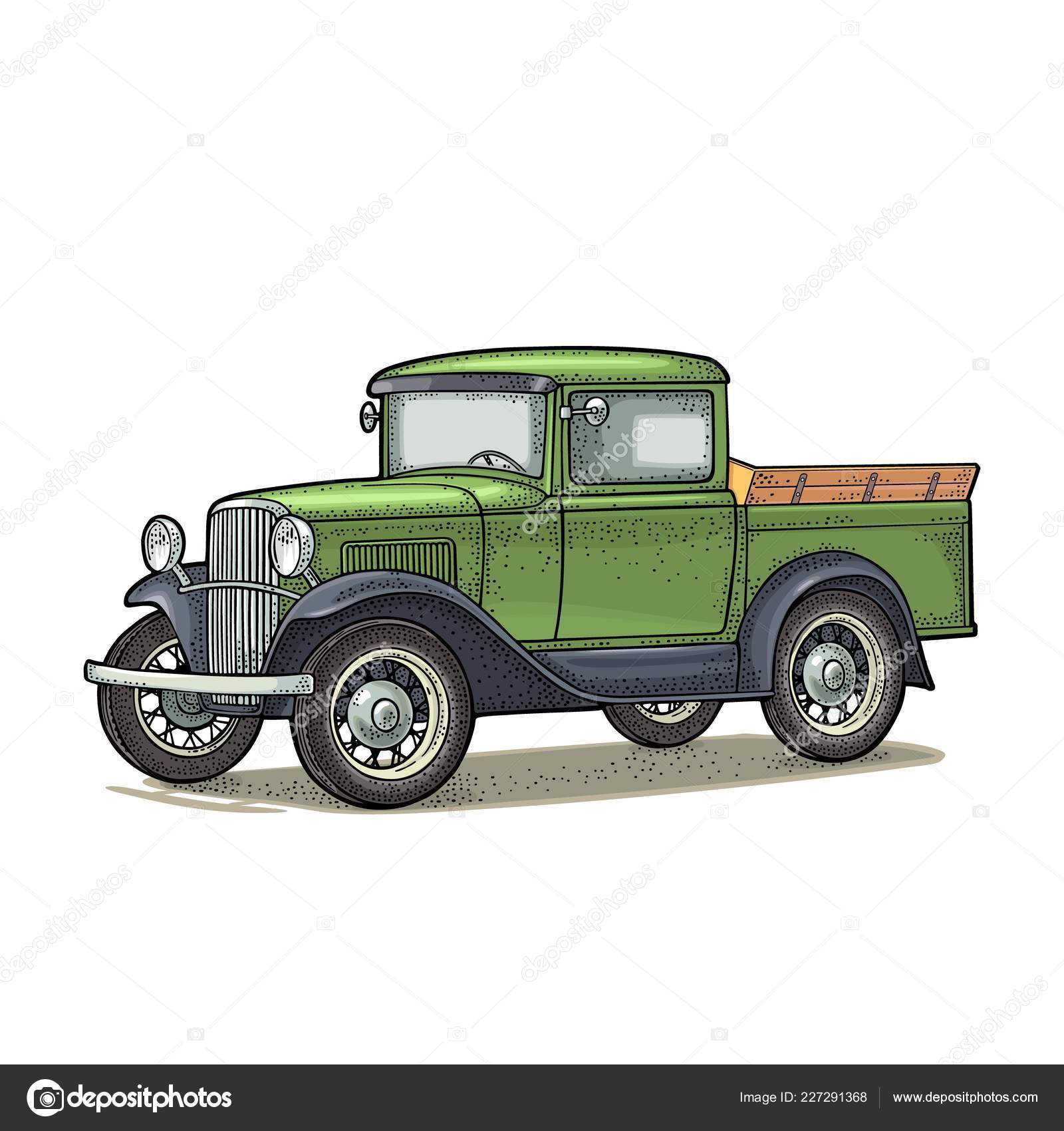 Retro Pickup Truck Side View Vintage Color Engraving Illustration ...