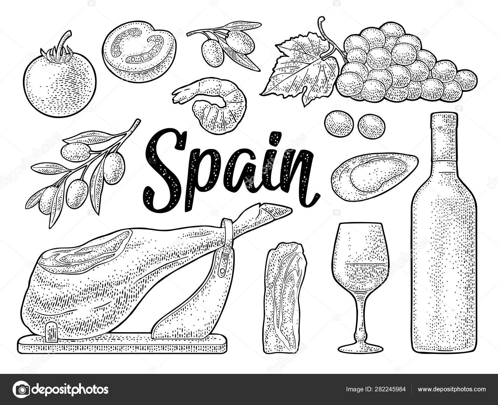 Spain traditional food set. Vector vintage black engraving Stock Vector ...