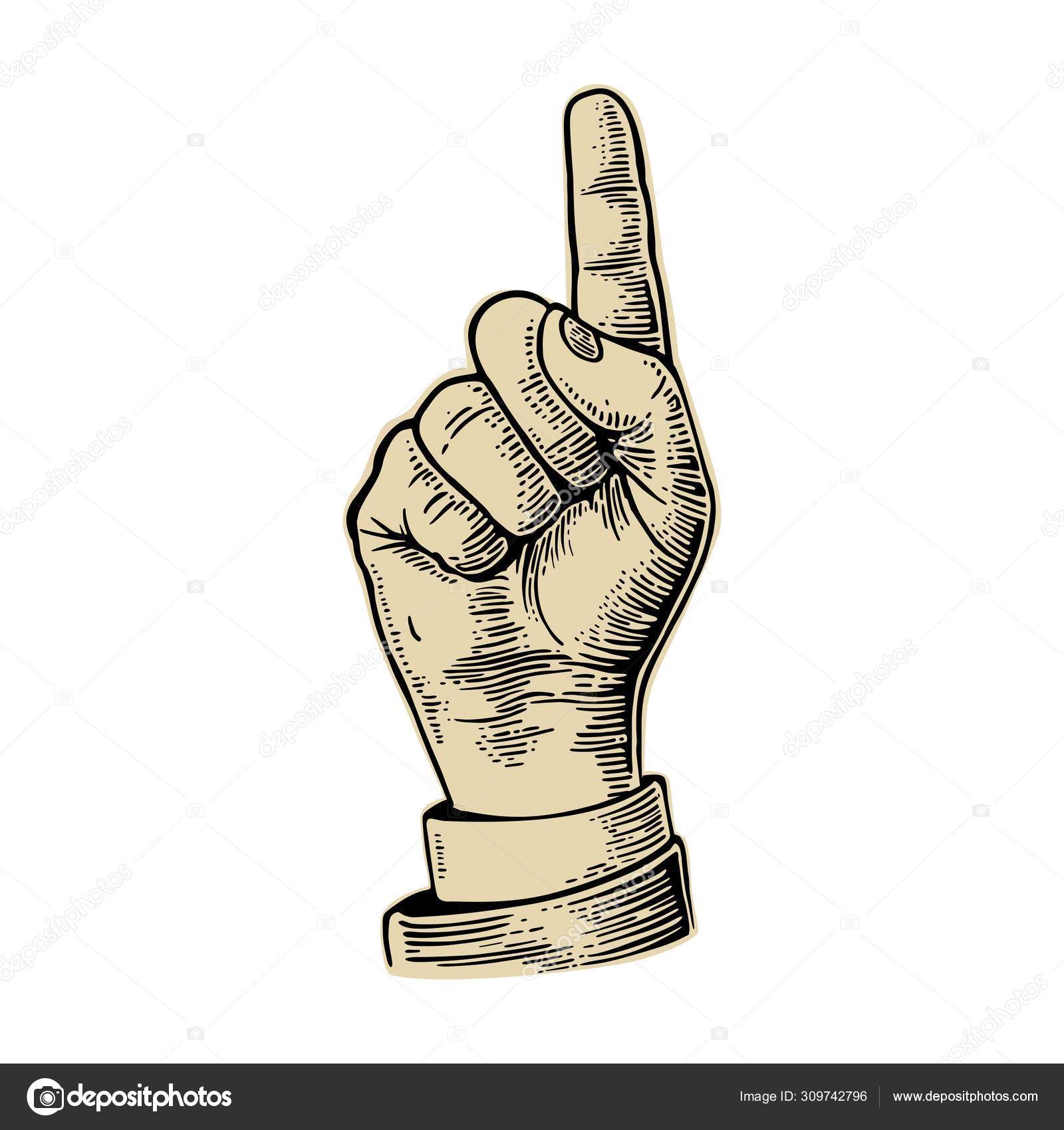 Pointing finger. Number one hand sign. Vector black vintage engraved ...