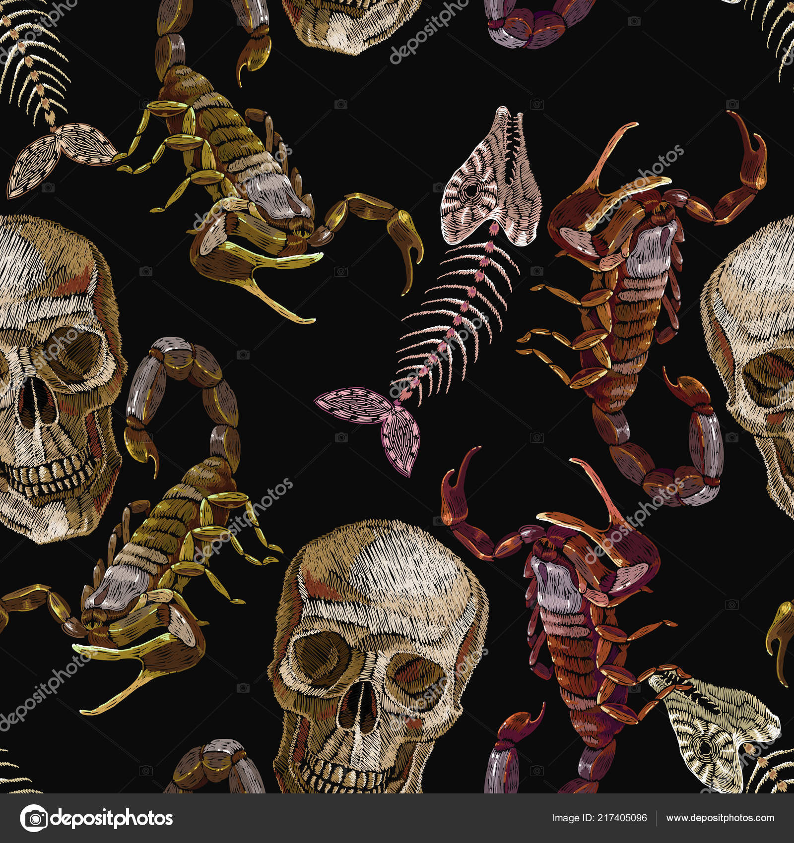 Skulls Fish Bone Scorpion Embroidery Seamless Pattern Gothic Medieval ...