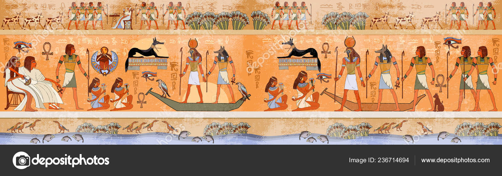 Ancient Egypt Scene Mythology Egyptian Gods Pharaohs Hieroglyphic ...