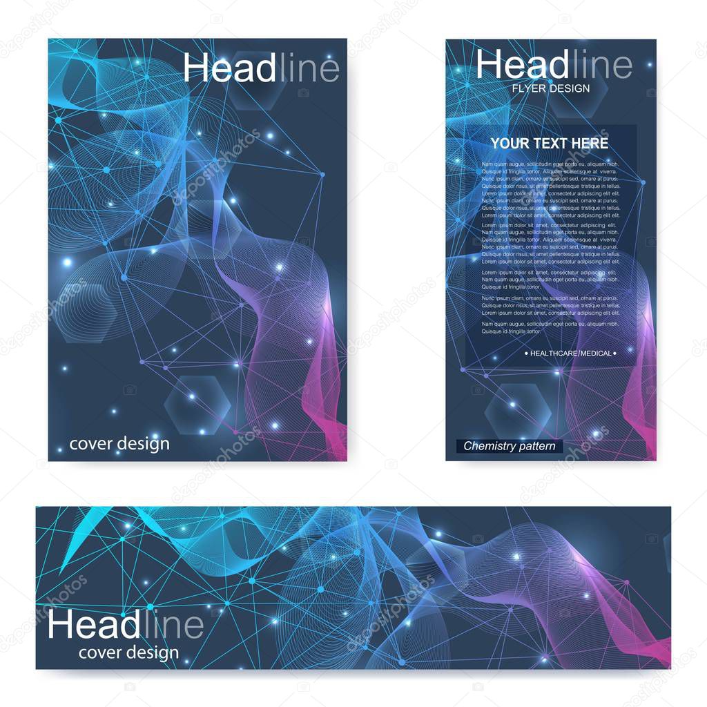 Set volante, folleto tama o A4 plantilla, banner. Estructura molecular con l neas y puntos ...
