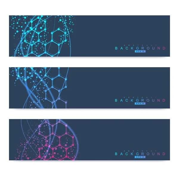 Scientific set of modern vector banners. DNA molecule structure with ...