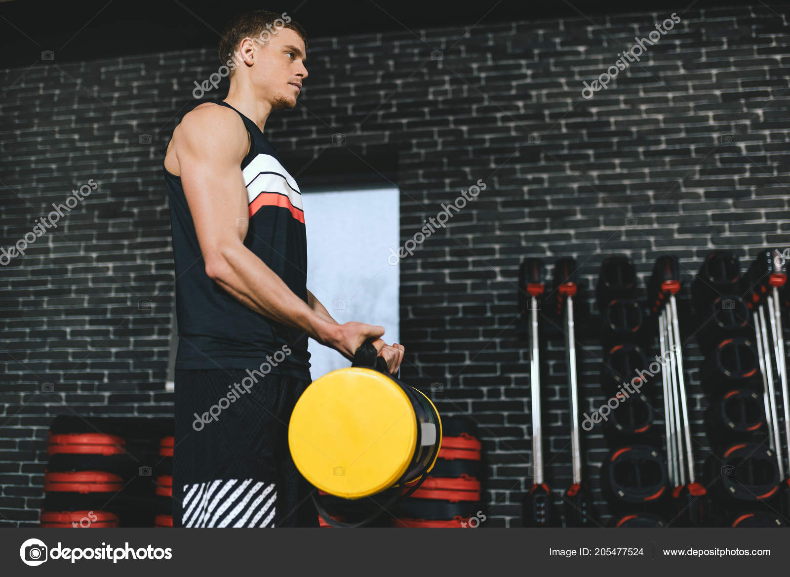 Handsome Sportsman Sandbag Shoulders While Exercises Gym Attractive ...