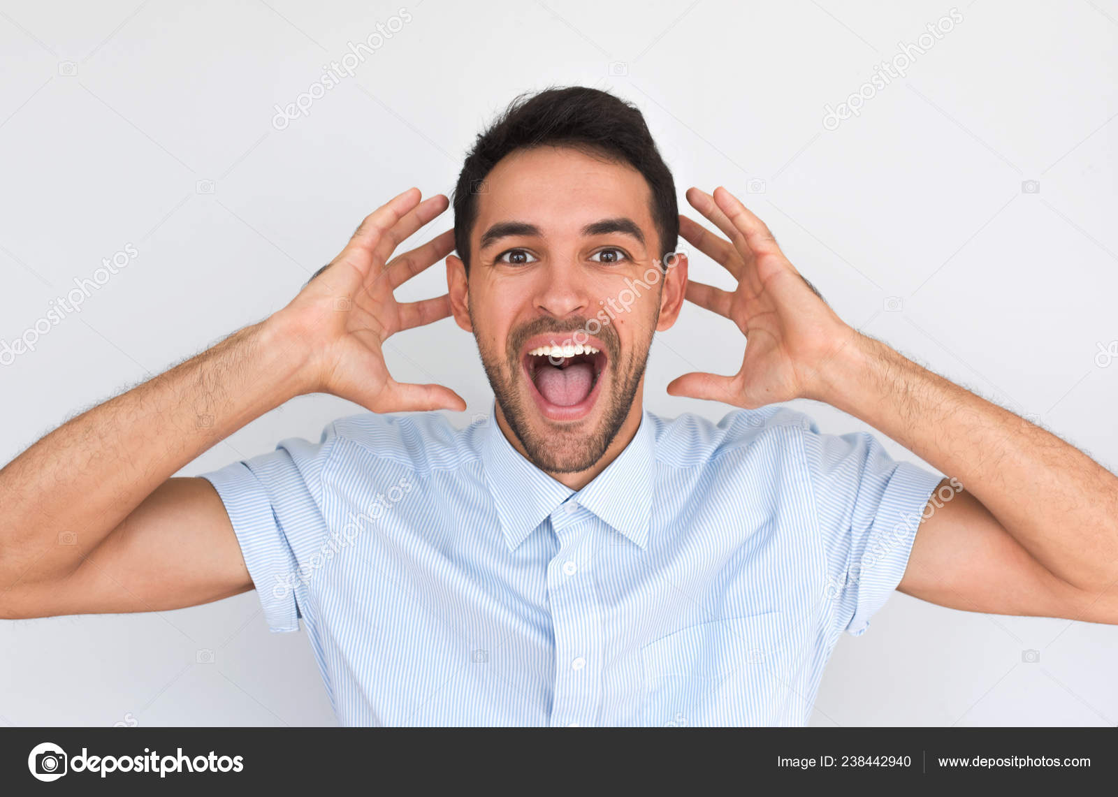 Studio Portrait Handsome Happy Man Achieves Goals Wearing Blue Shirt ...