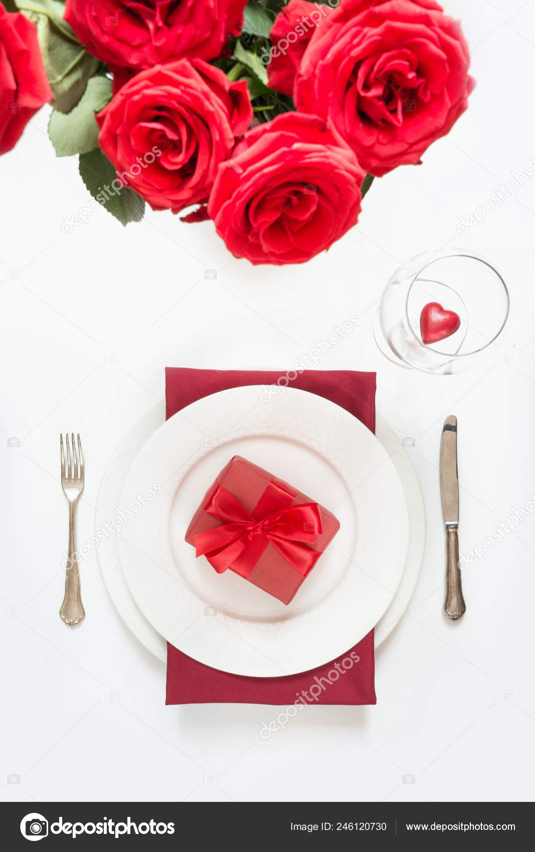 Romantic Table Setting Red Roses Gift Top View Stock Photo by ©Svetlana ...