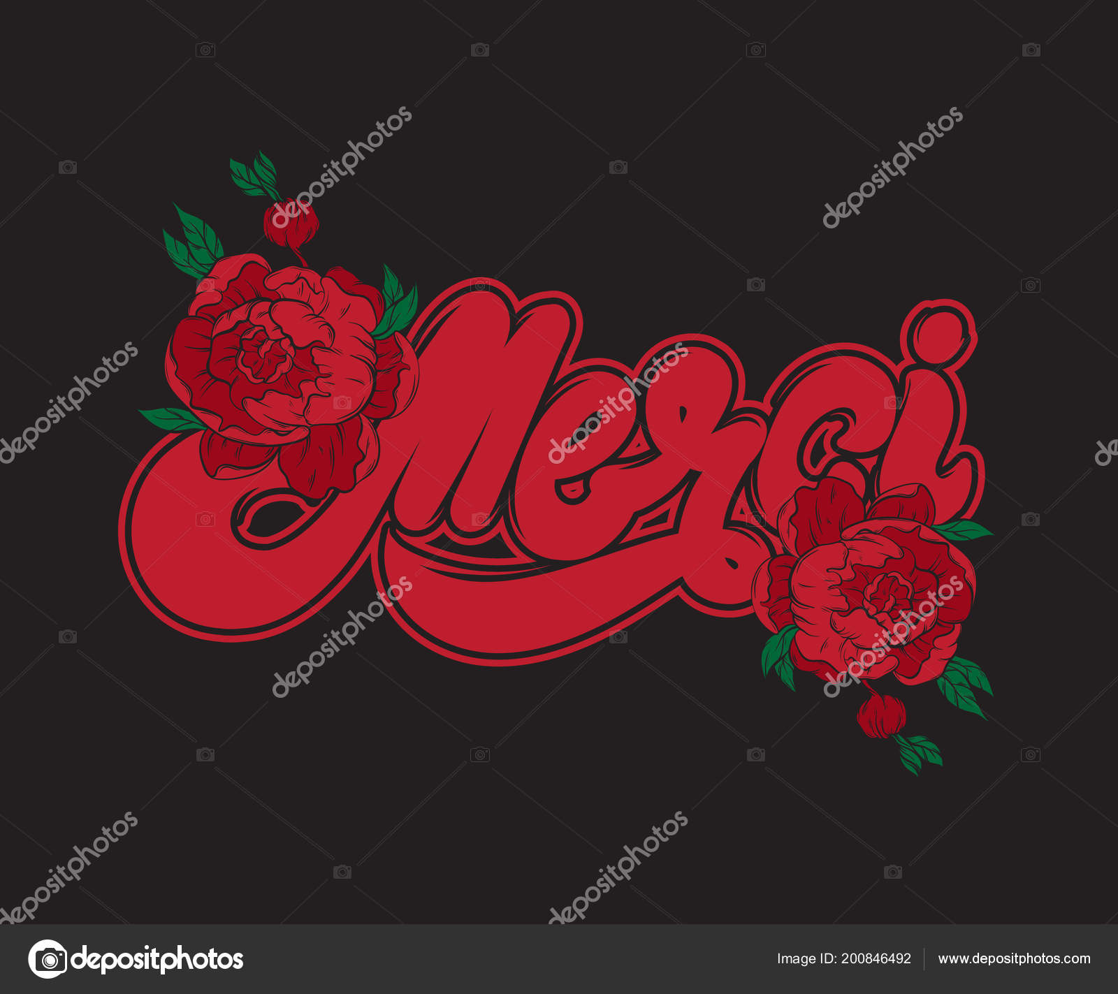 Merci Handwritten Lettering Hand Drawn Illustration Flowers Template ...