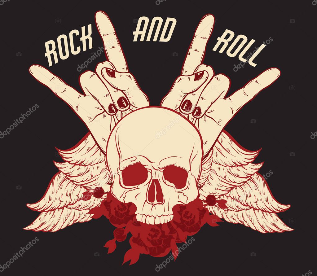 Rock and roll. Ilustración dibujada a mano vectorial del cráneo humano ...
