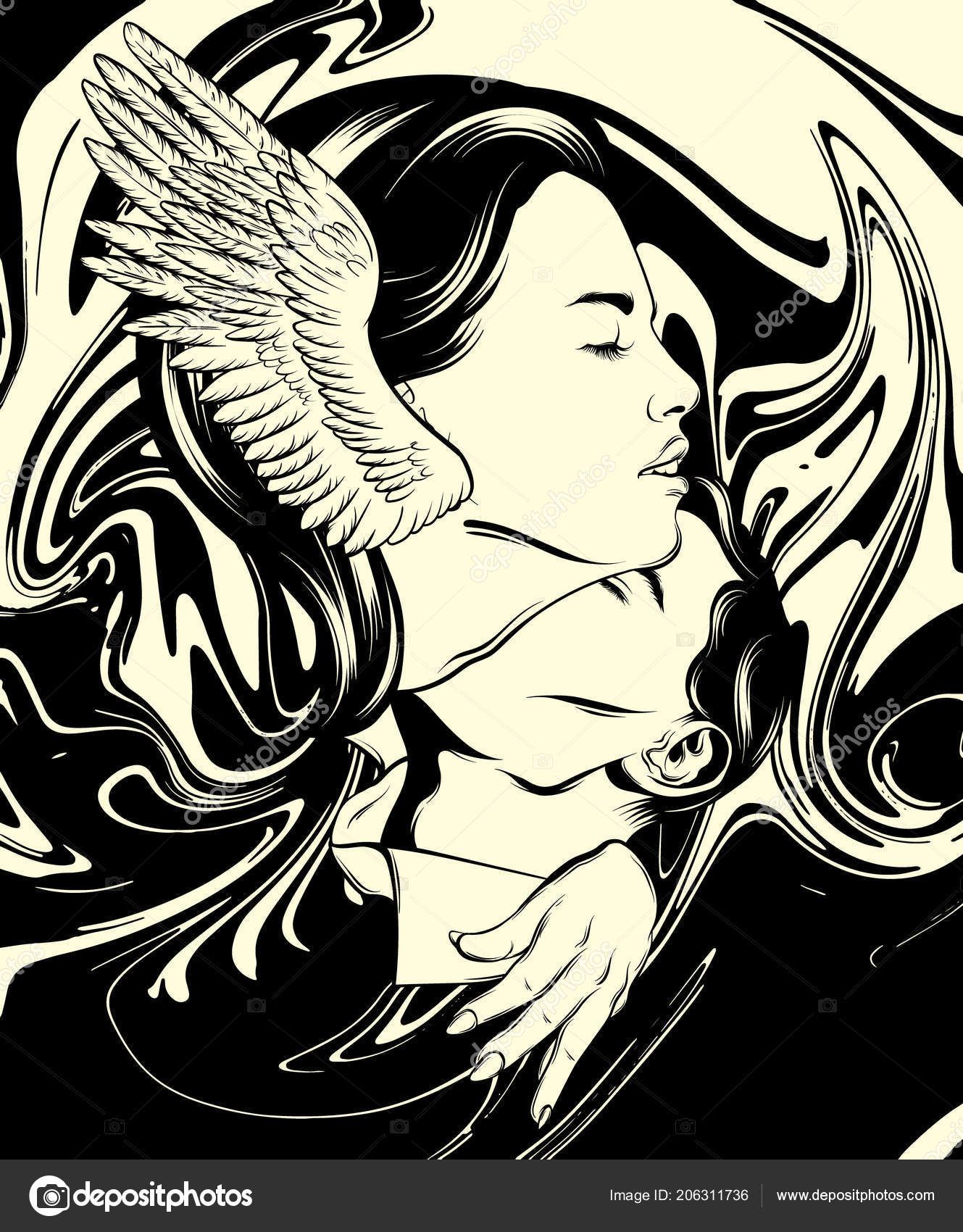 Vector Hand Drawn Illustration Kissing Couple Tattoo Artwork Made