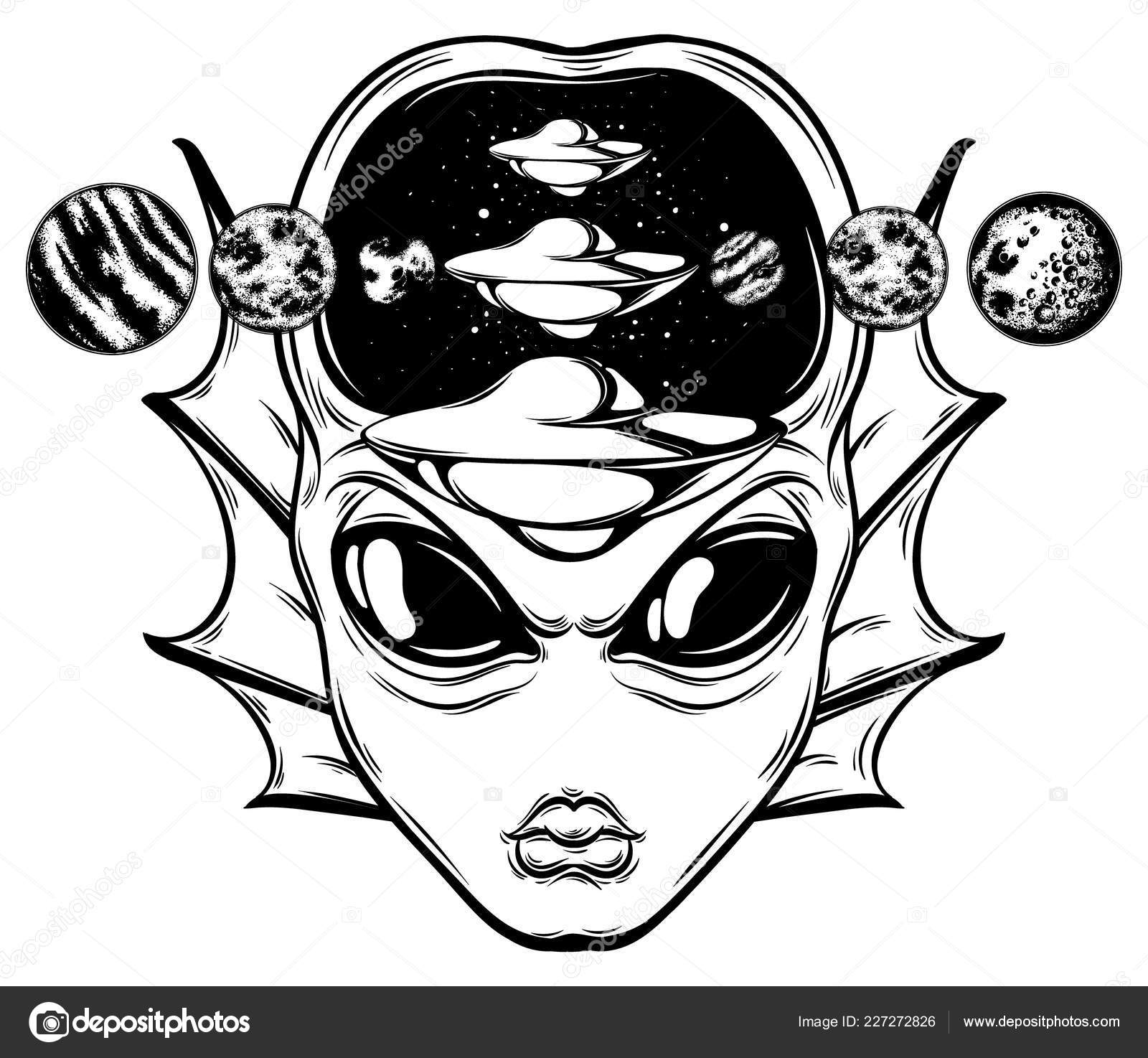 Vector Hand Drawn Illustration Angry Alien Flying Saucer Planets ...
