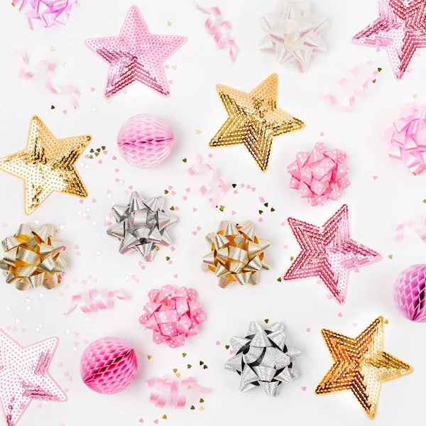 Pink Golden Confetti Bows Paper Decorations White Background — Stock ...