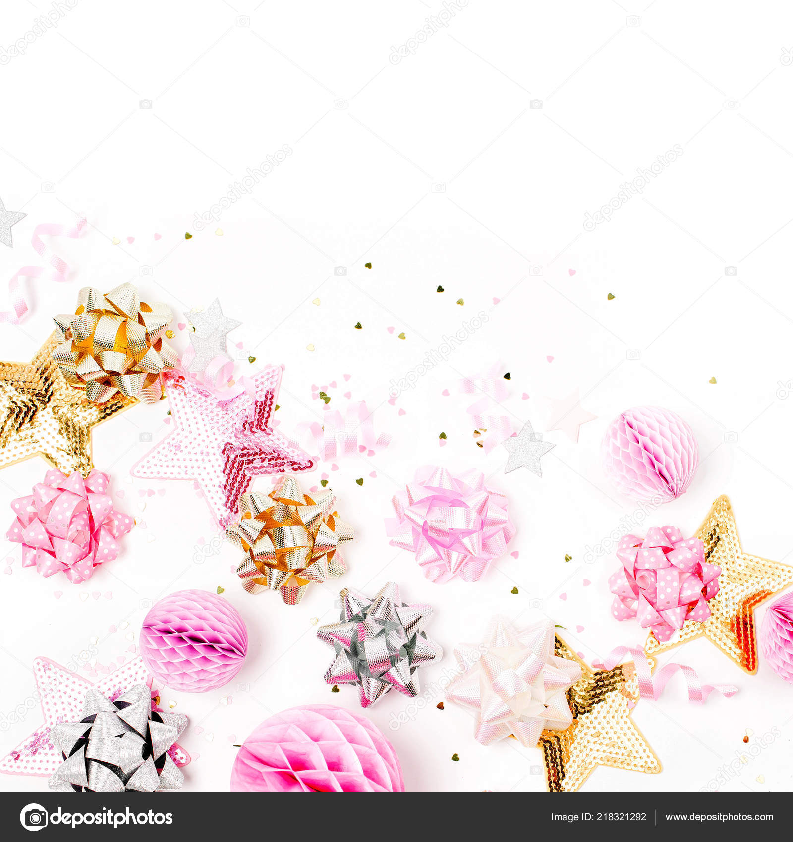 Pink Golden Confetti Bows Paper Decorations White Background — Stock ...
