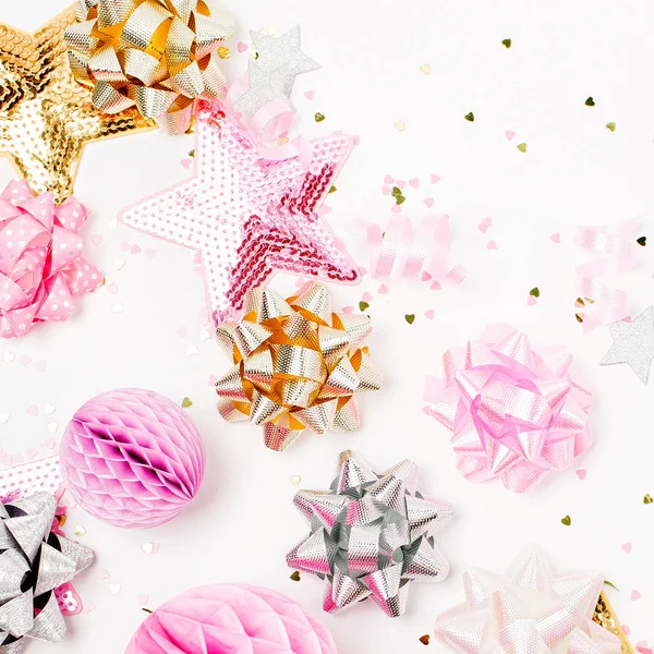 Pink Golden Confetti Bows Paper Decorations White Background — Stock ...