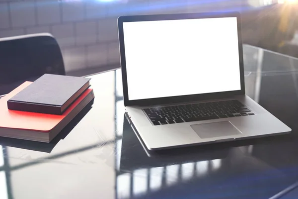 Closeup view of opened laptop screen, space for design layout. Co ...