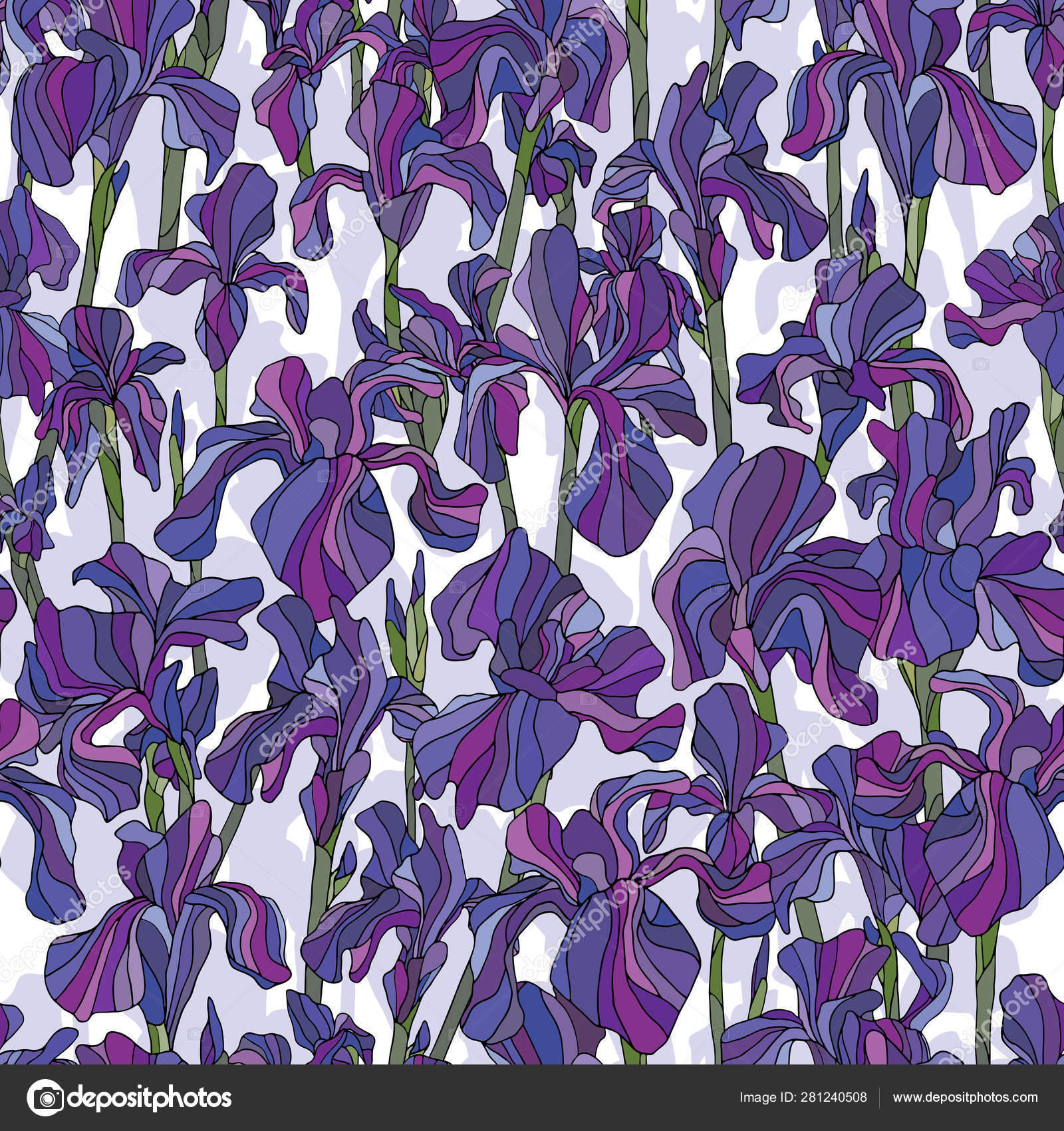 Iris flowers hand drawn vector seamless pattern. Nature petals ...