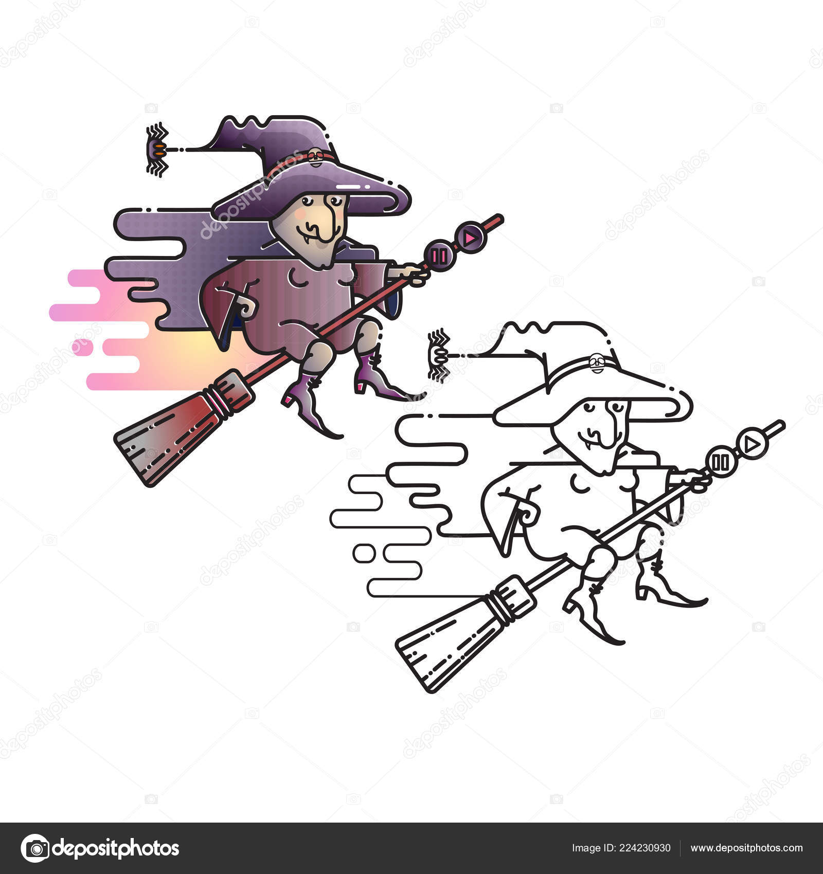 Cartoon Funny Flying Witch Halloween Vector Illustration Hag Two Cute ...