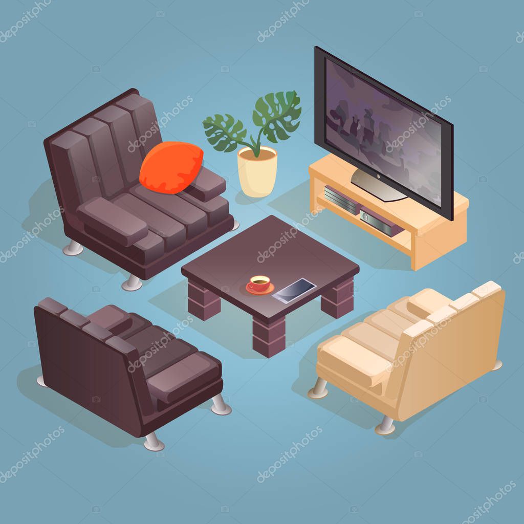 Isométrico TV de dibujos animados, sillón y mesa icono aislado en azul ... Isométrico TV de dibujos animados, sillón y mesa icono aislado en azul ...