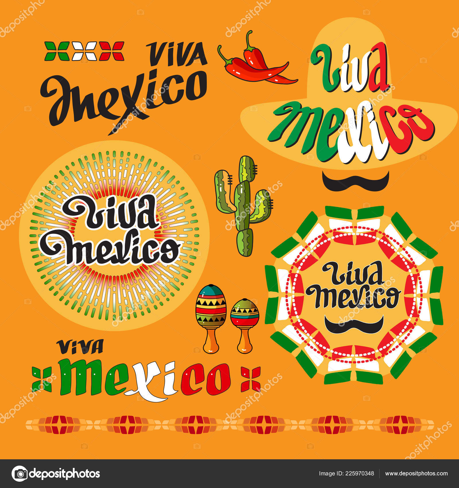 Viva Mexico Icon Set Cute Various Mexican Icons Isolated Yellow Stock ...