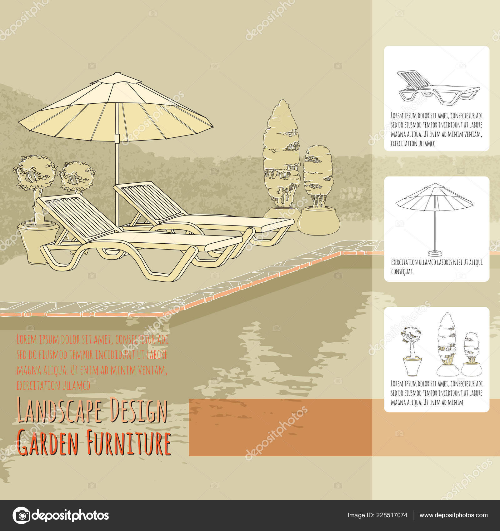 Vector Illustration Hand Drawn Lounge Chairs Patio Umbrella Flowers Pot ...