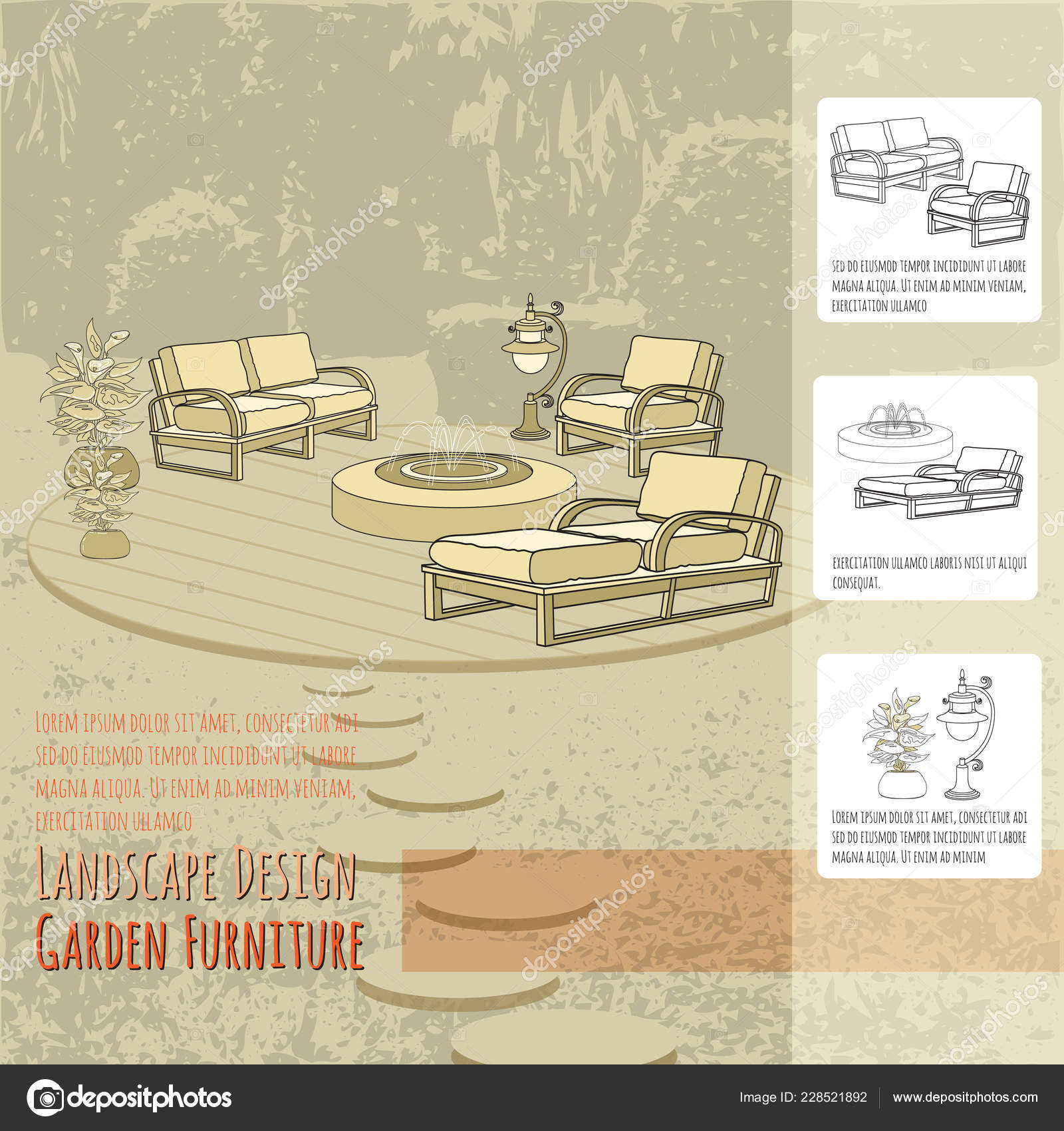 Vector Illustration Hand Drawn Lounge Chairs Lantern Fountain Flowers ...