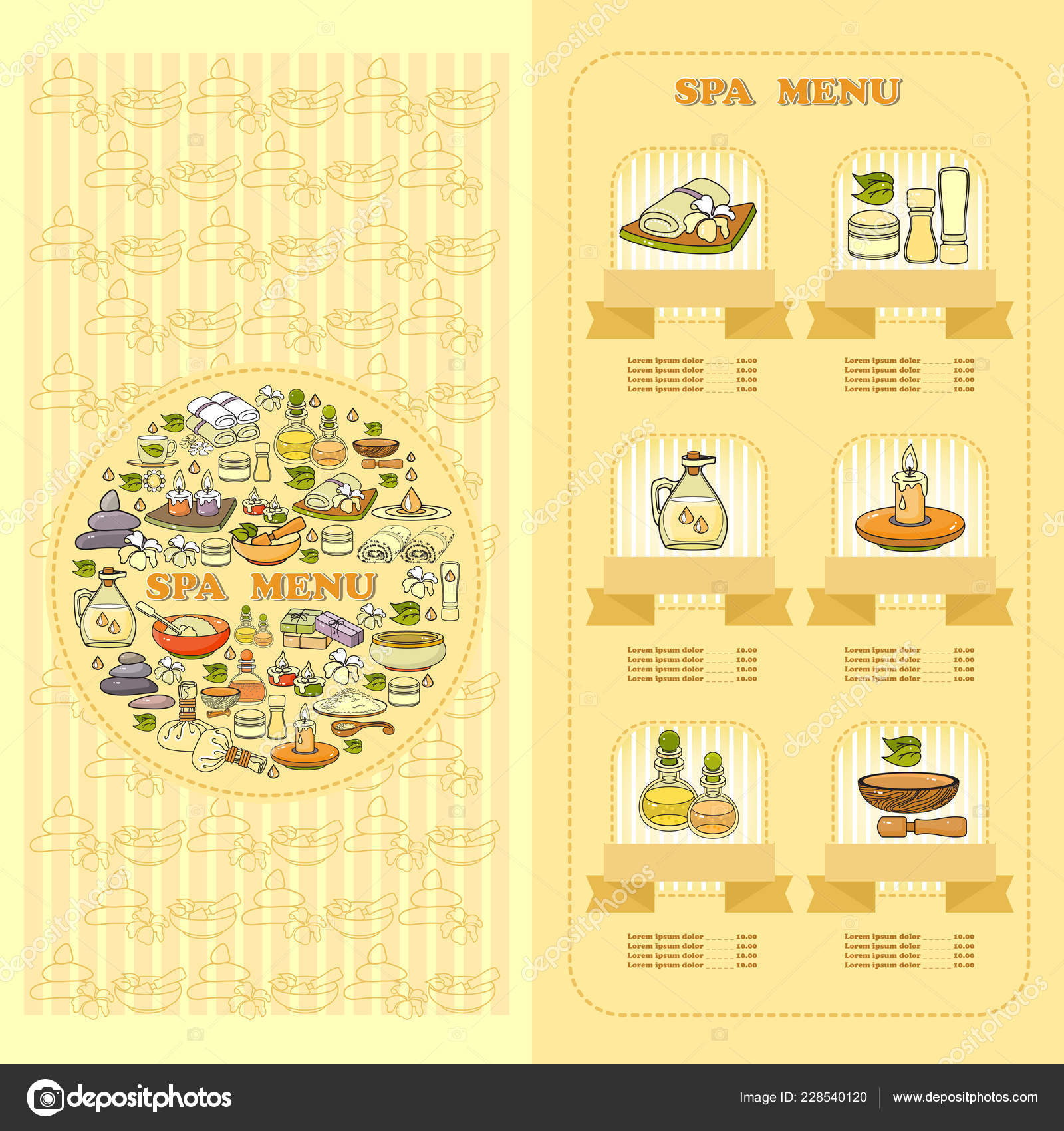 Spa Salon Menu Card Set Cute Various Spa Icons Yellow Stock Vector ...