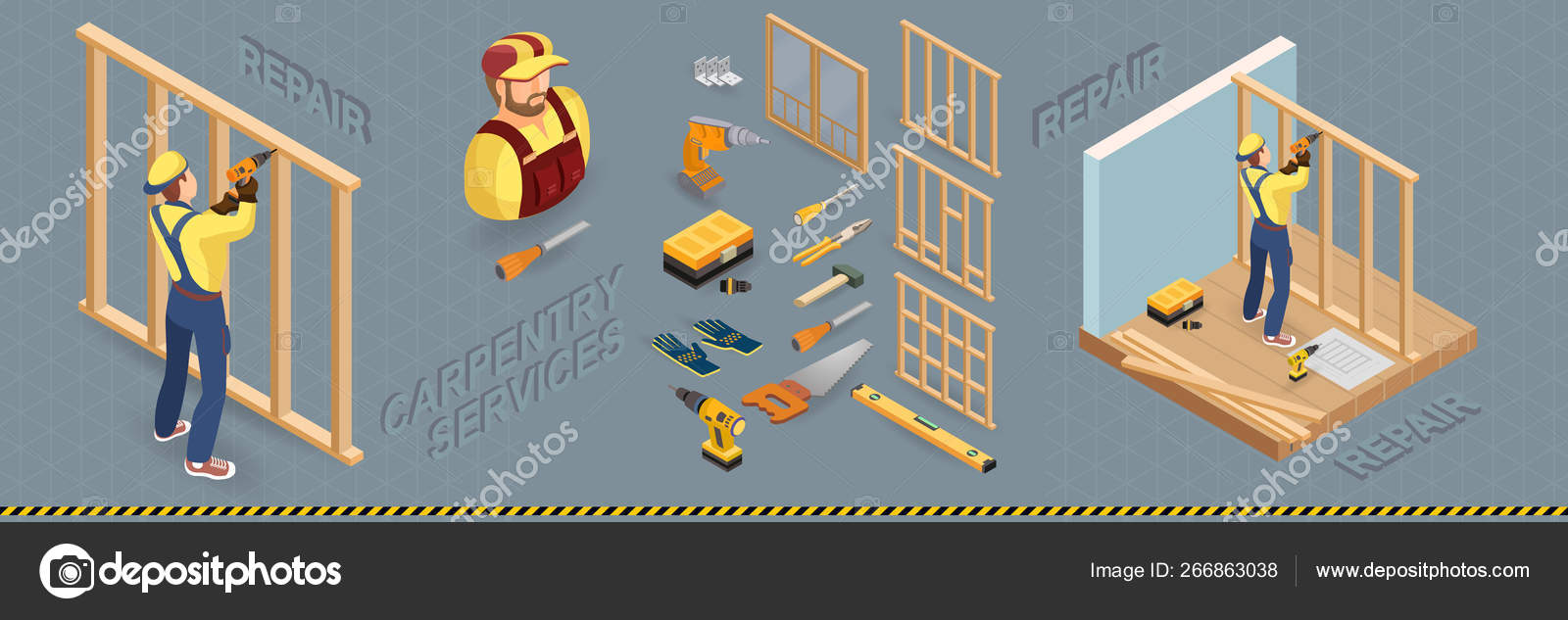 Carpenter builds a wooden construction. Vector isometric illustration ...