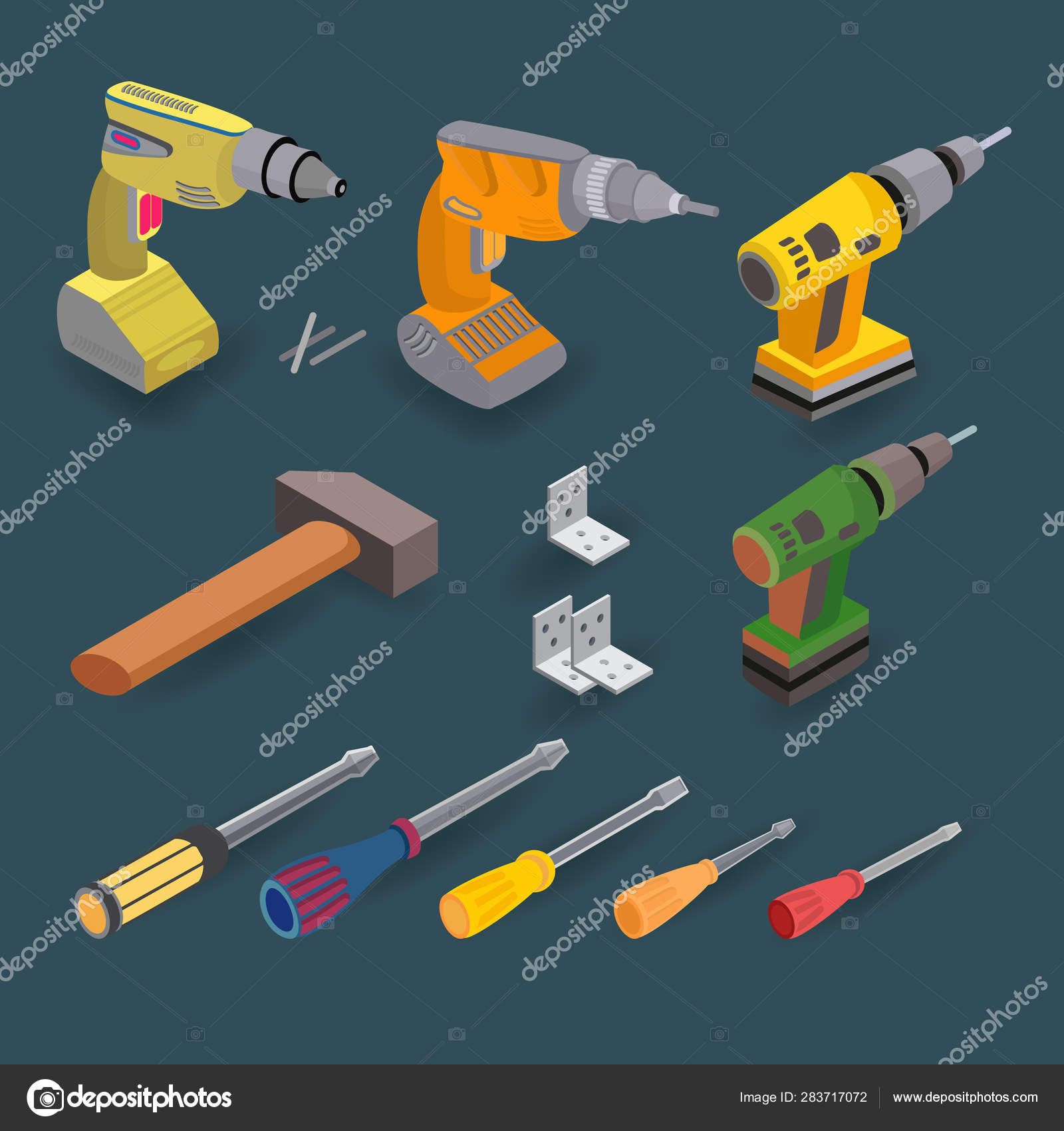 Isometric construction tools. Drill, screwdriver and hammer. Vector set ...