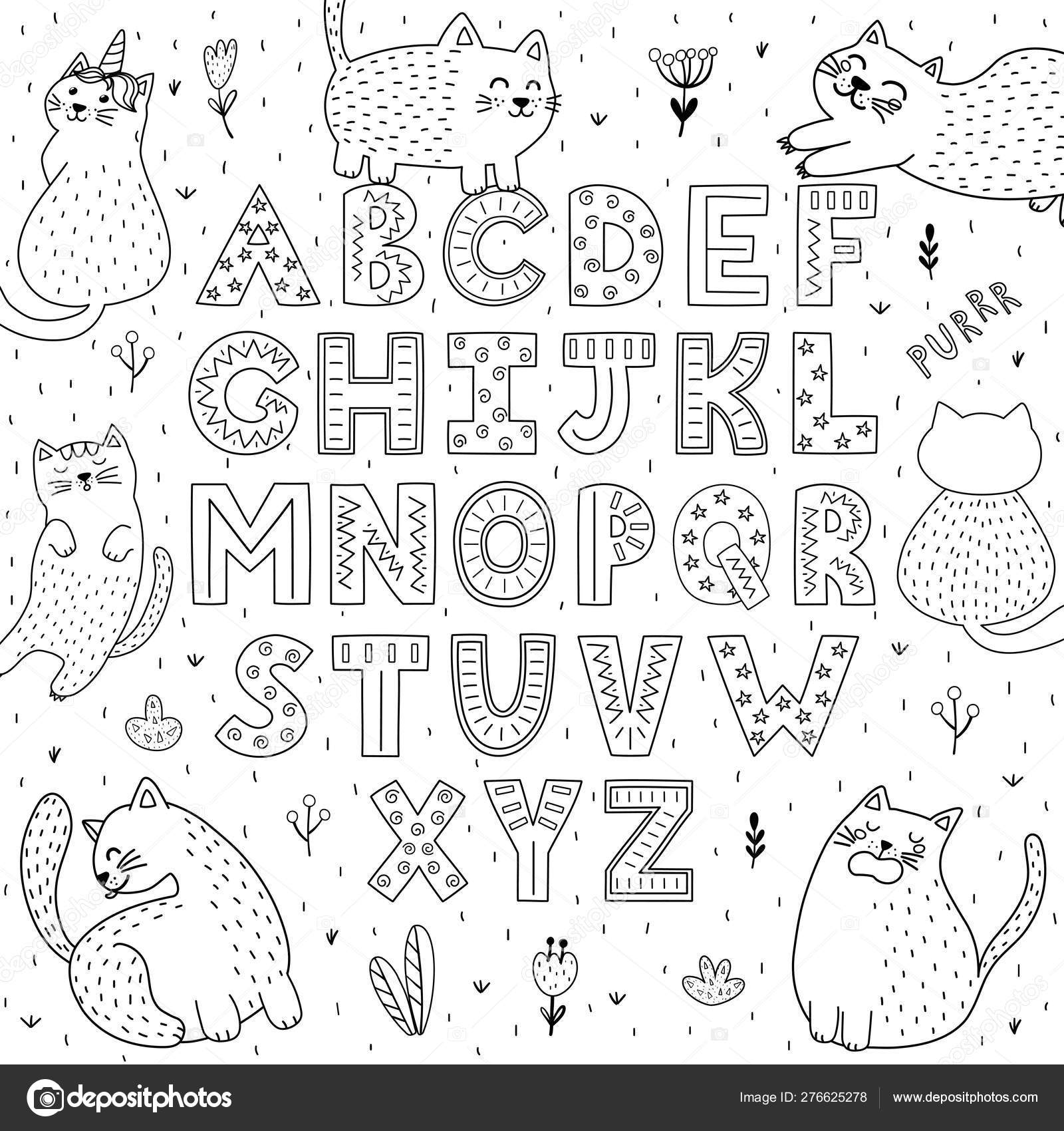 Black and white alphabet with funny cats. Abc coloring page Stock ...