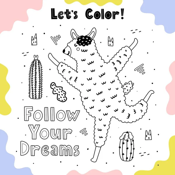 Coloring page with cute llama. Black and white print Stock Vector by ...