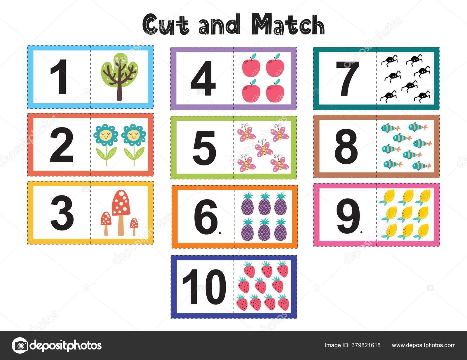 Nomor flash card untuk anak-anak. Potong dan cocokkan gambar Vektor ...