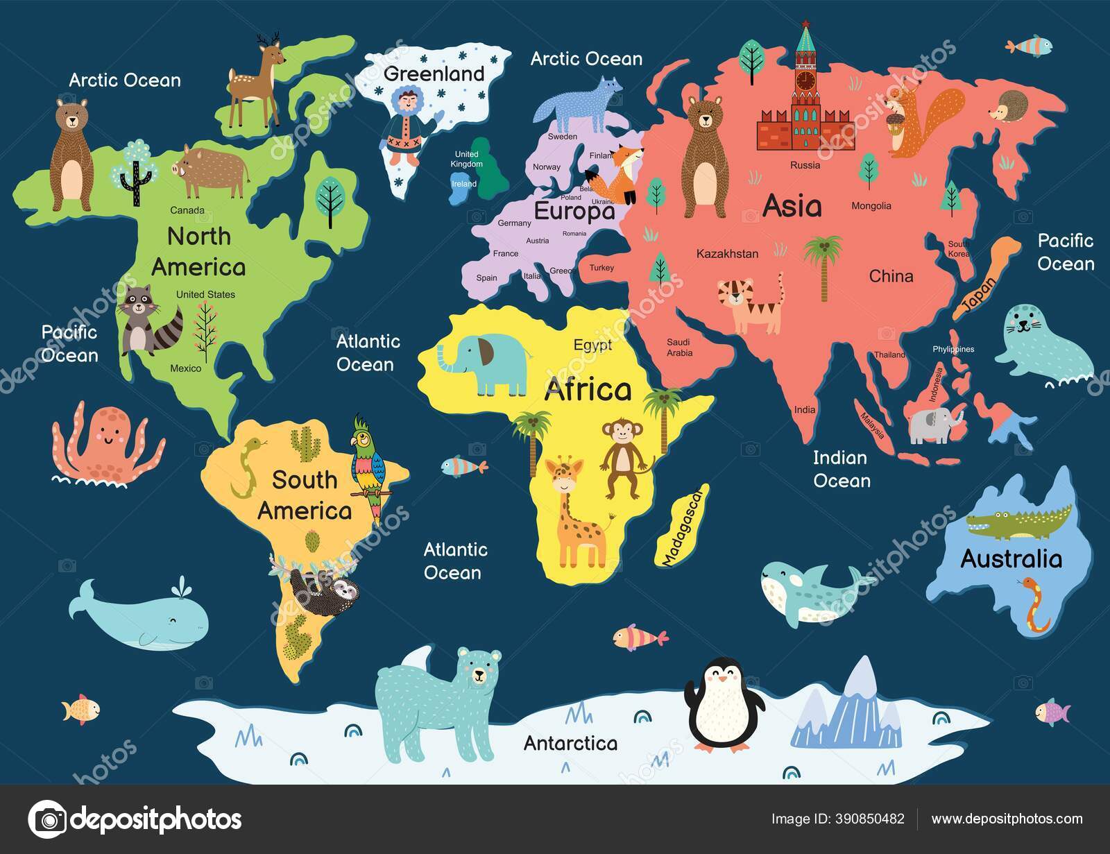 Mapa do mundo com animais bonitos. Mapa colorido dos desenhos animados ...