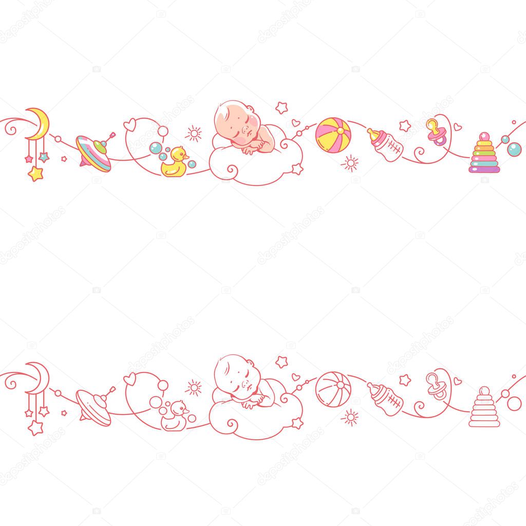 Borde sin fisuras con el juego de niños, niñas y juguetes. Lindo bebé ...