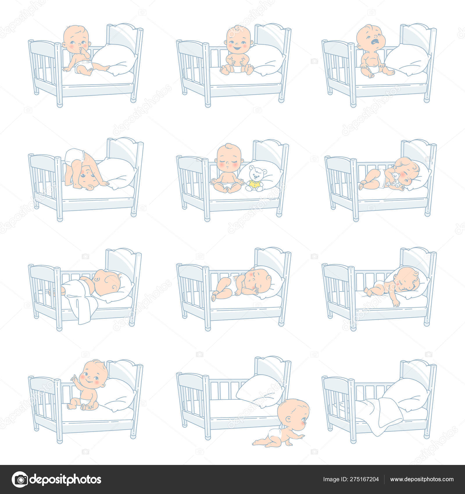Set of vector illustration with baby in bed in different situation ...