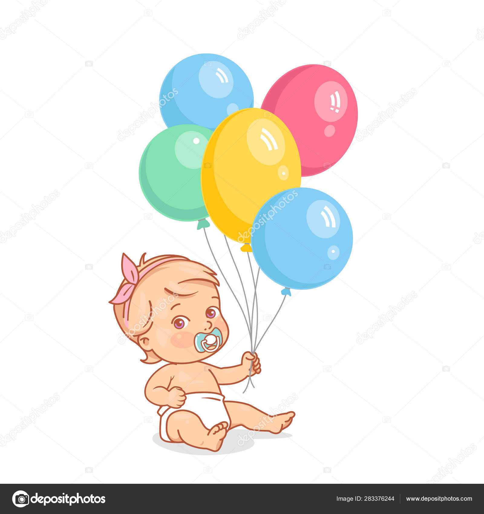 Cute little baby girl with bunch of hot air balloons in hand. Stock ...