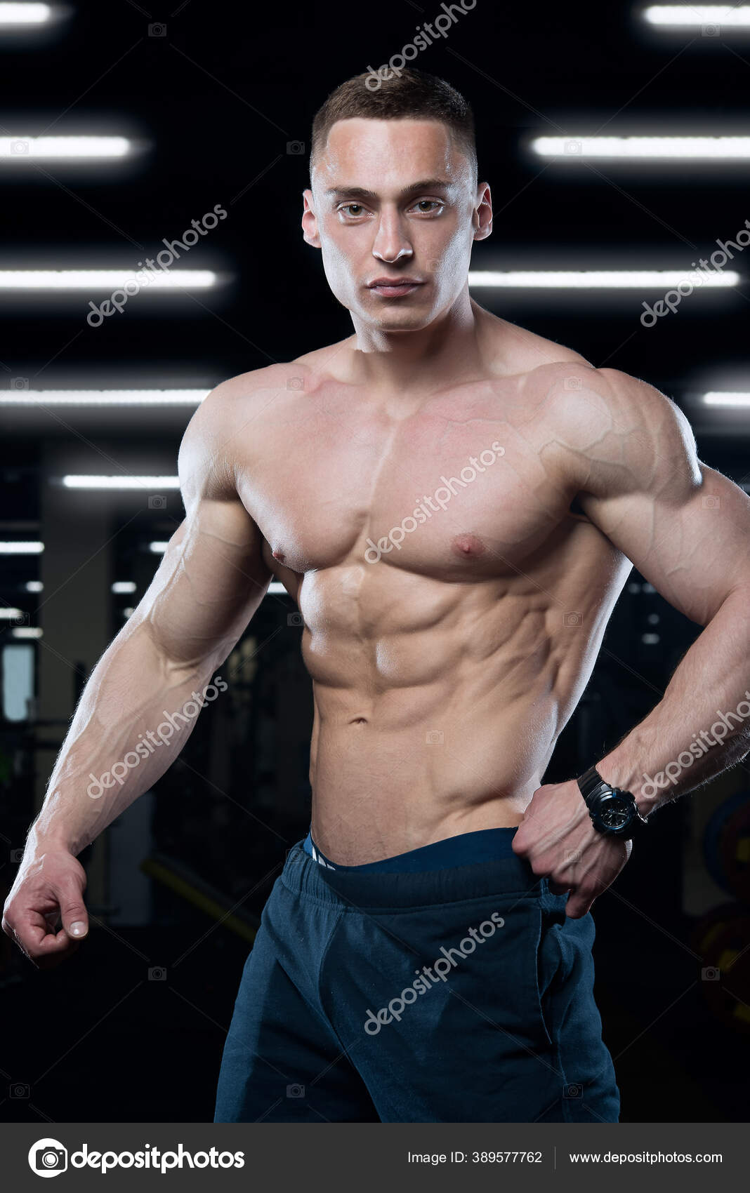 Shirtless Bodybuilder Posing Hand Hip Gym Caucasian Men's Physique ...