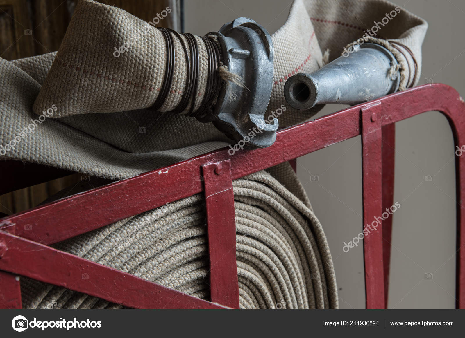 Old Gray Fire Hose Made Fireproof Material Attached Special Stand ...