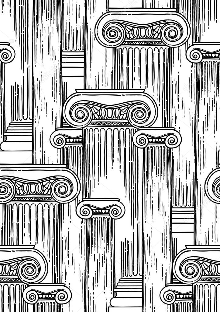 Patrón clásico de columnas antiguas dibujadas en técnica de grabado 2025