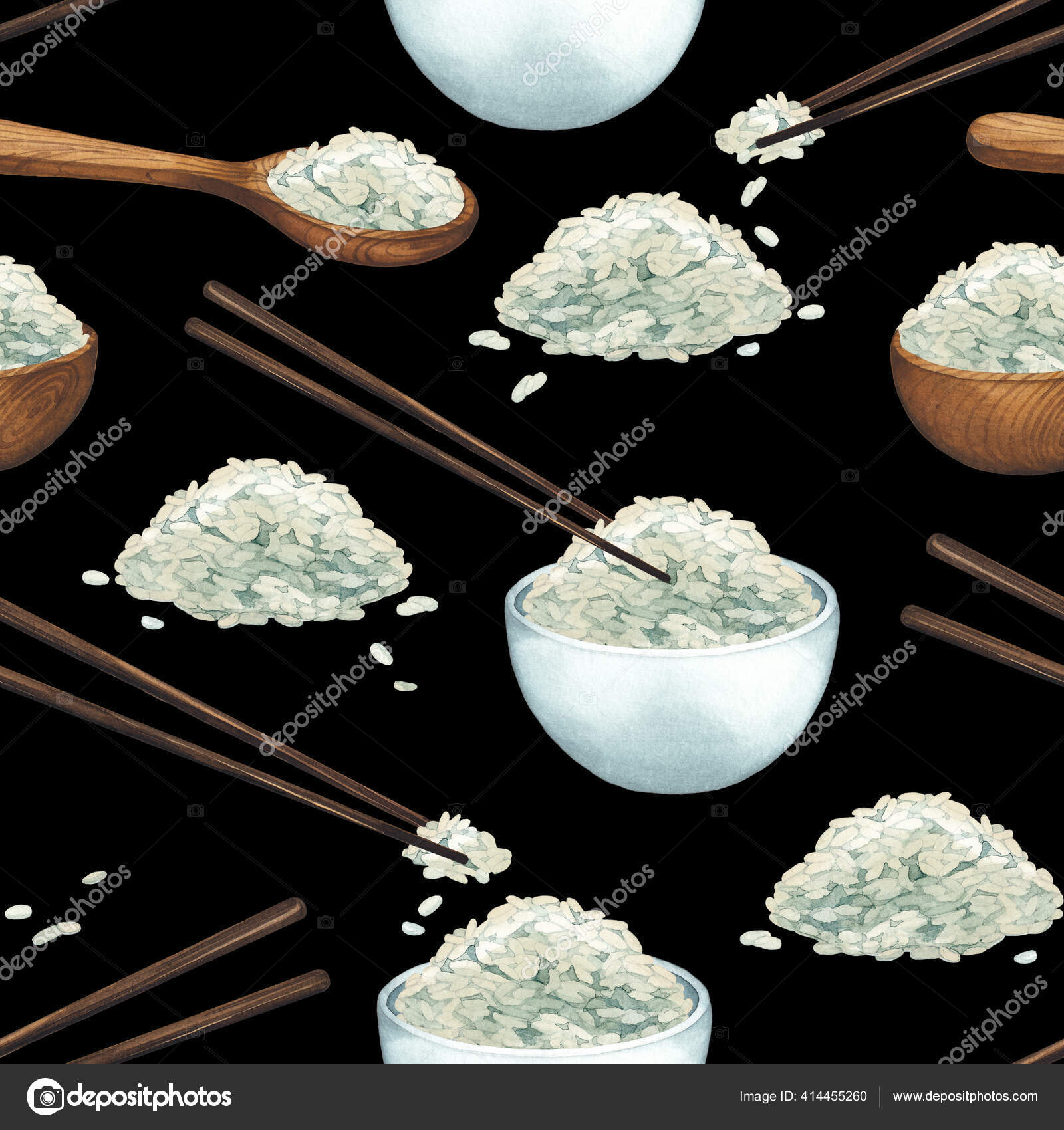 Watercolor seamless pattern of rice in the bowls, wooden sticks and ...