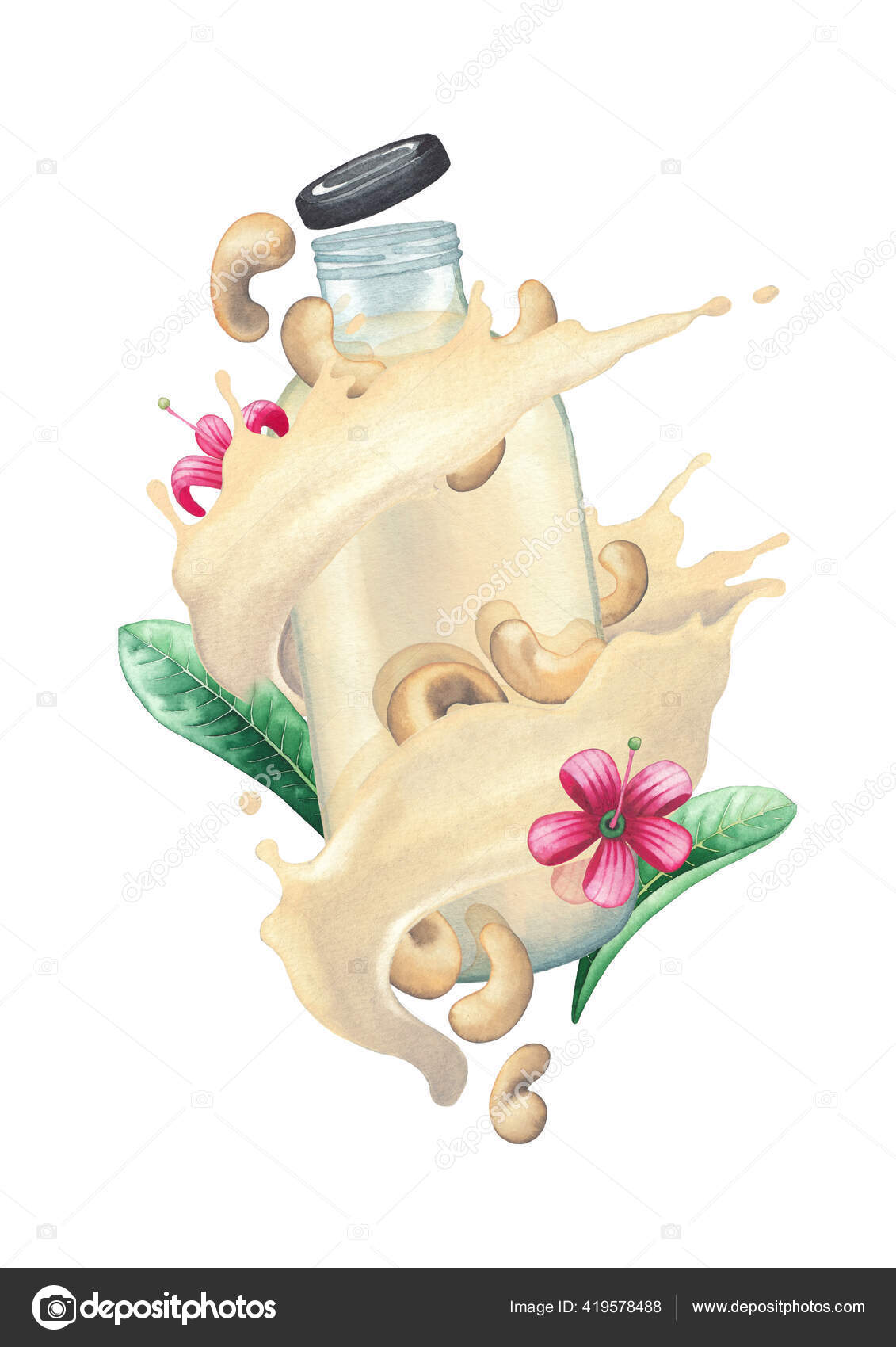 Watercolor milk stream with cashew nuts flowing around the glass bottle ...